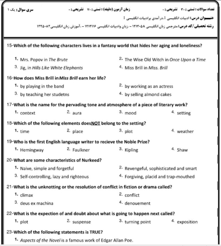 دانلود سوالات درس ادبیات انگلیسی1 پیام نور رشته زبان انگلیسی و مترجمی